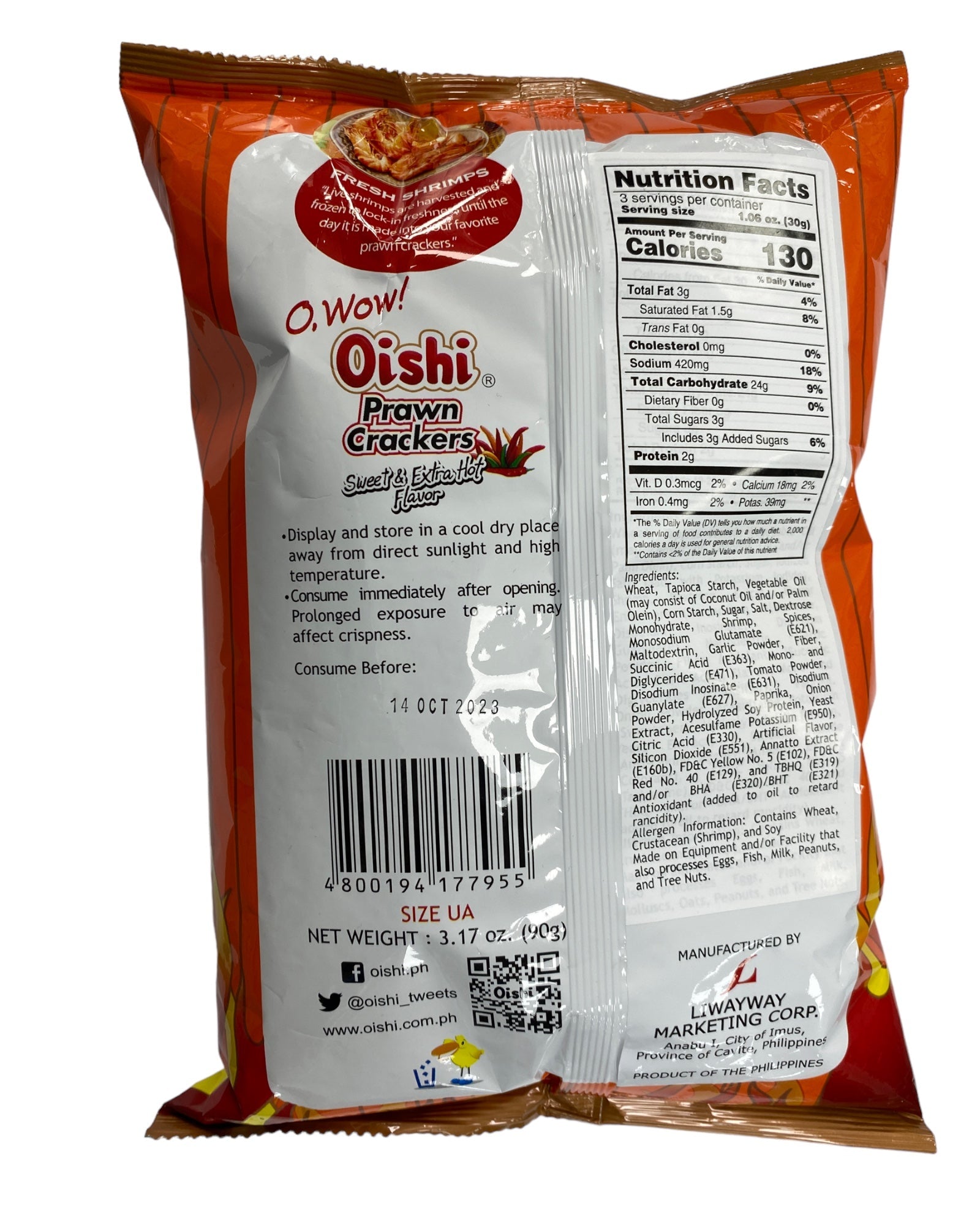 Skips Oishi Prawn Crackers Spicy Flavor 90g, 3 Pack Prawn Cocktail Crisps